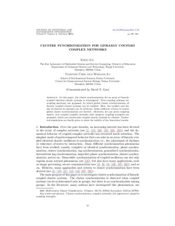 Pdf Cluster Synchronization For Linearly Coupled Complex Networks