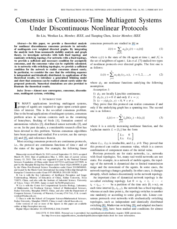 Pdf Consensus In Continuous Time Multiagent Systems Under Discontinuous Nonlinear Protocols