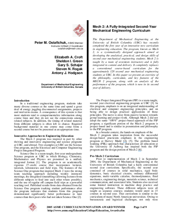 (PDF) Mech 2: A Fully-Integrated Second-Year Mechanical Engineering Curriculum