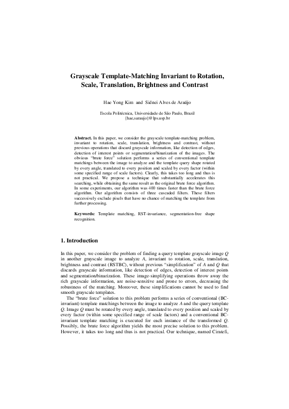 Pdf Grayscale Template Matching Invariant To Rotation Scale Translation Brightness And Contrast