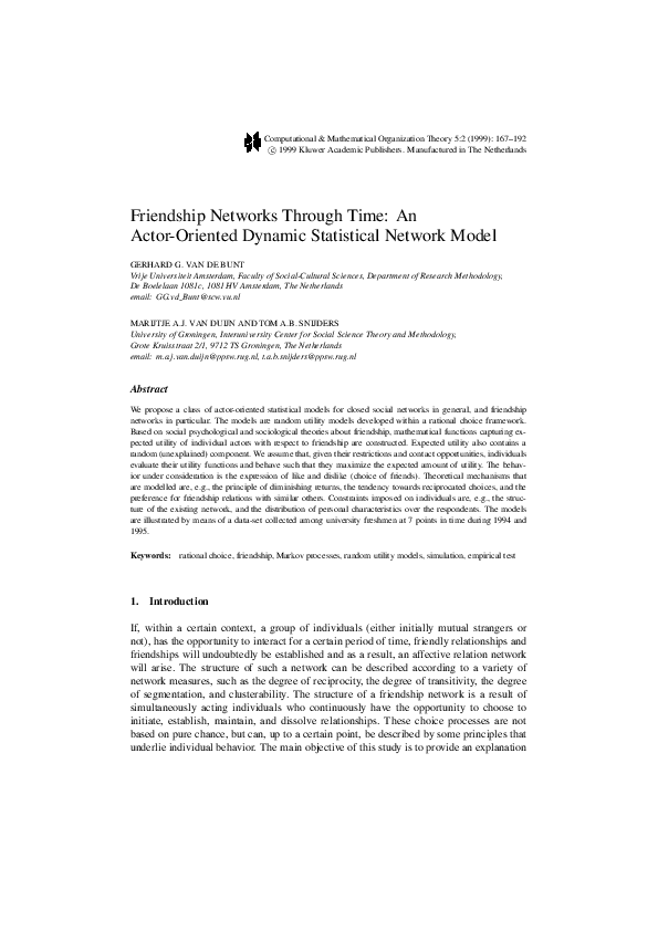 (PDF) Friendship Networks Through Time: An Actor-Oriented Dynamic Statistical Network Model