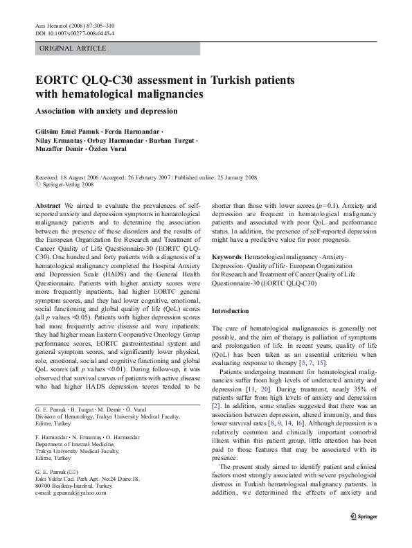 (PDF) EORTC QLQ-C30 assessment in Turkish patients with hematological malignancies