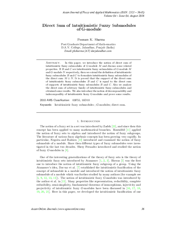 Pdf Direct Sum Of Intuitionistic Fuzzy Submodules Of G Module