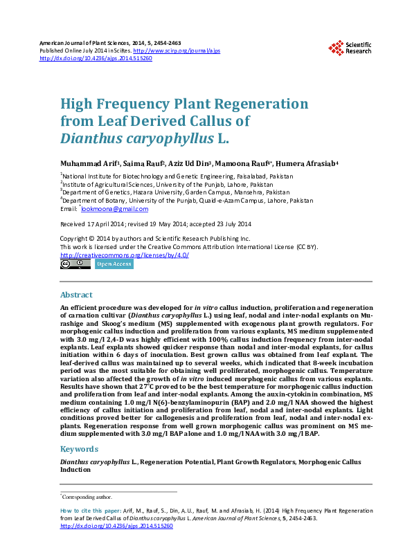 (PDF) High Frequency Plant Regeneration from Leaf Derived Callus of ...