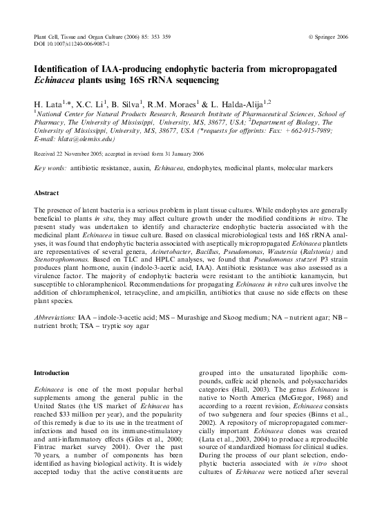 (PDF) Identification of IAA-producing endophytic bacteria from micropropagated Echinacea plants ...