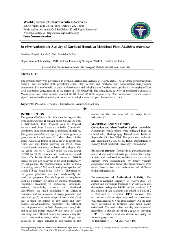 In-vitro Antioxidant Activity of Garhwal Himalaya Medicinal Plant Pholidota articulate