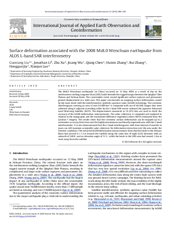 Pdf Surface Deformation Associated With The 2008 Ms8 0 Wenchuan Earthquake From Alos L Band