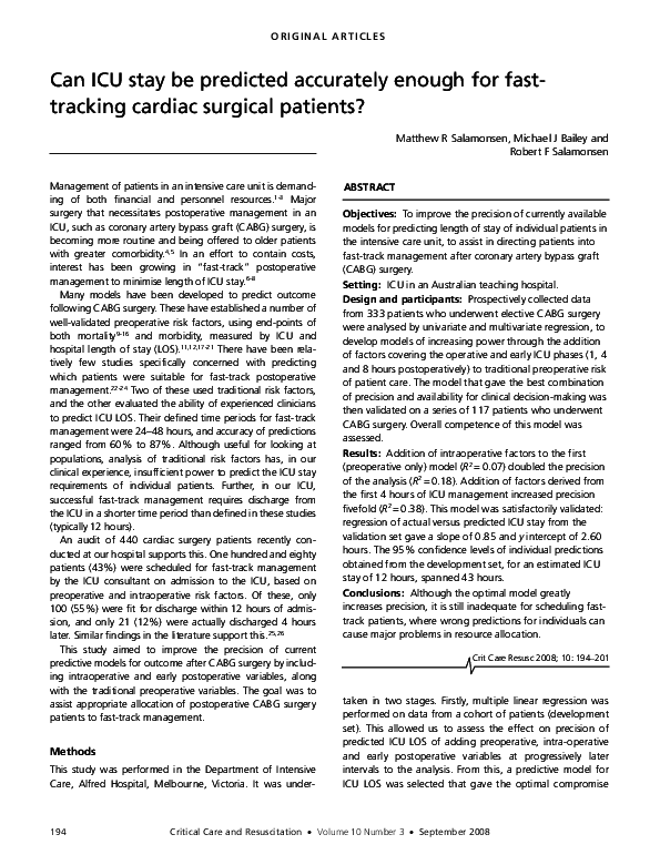 (PDF) Can ICU stay be predicted accurately enough for fast-tracking ...