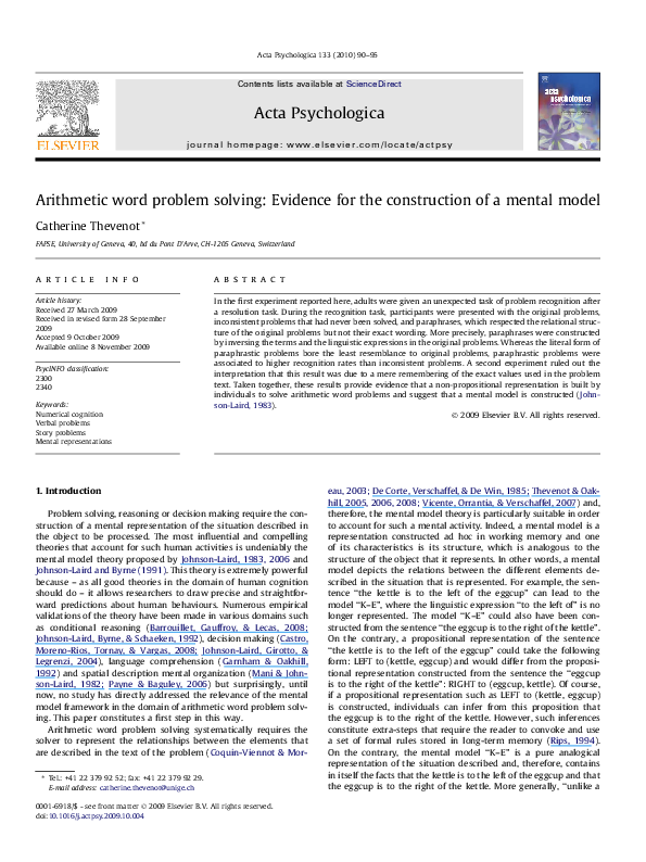 (PDF) Arithmetic word problem solving: Evidence for the construction of a mental model