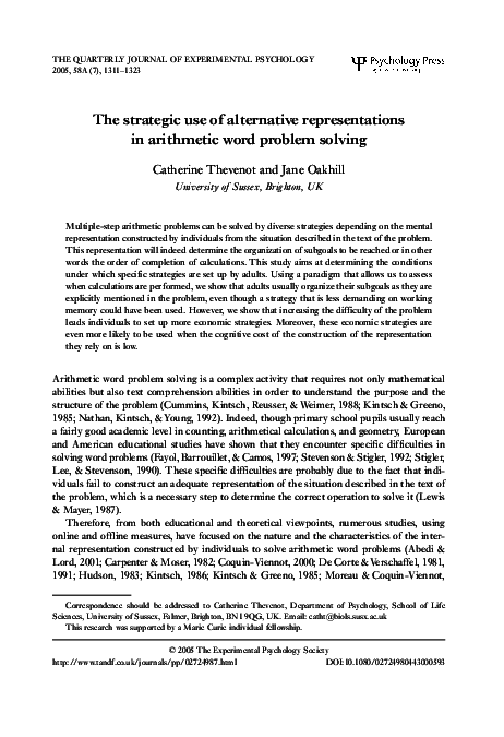 (PDF) The strategic use of alternative representations in arithmetic word problem solving