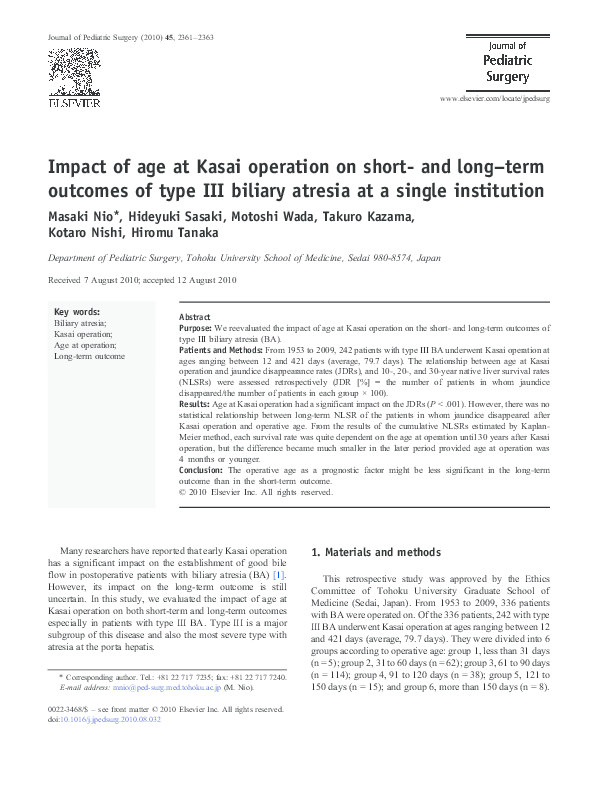 (PDF) Impact of age at Kasai operation on short- and long–term outcomes ...