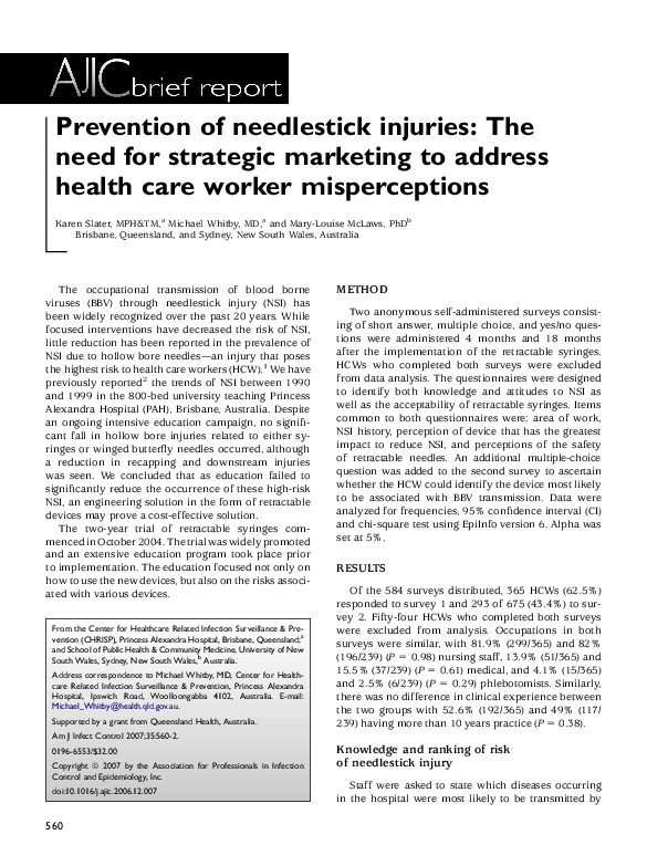 (PDF) Prevention of needlestick injuries: The need for strategic ...
