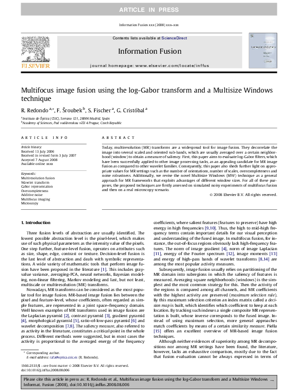 Pdf Multifocus Image Fusion Using The Log Gabor Transform And A Multisize Windows Technique