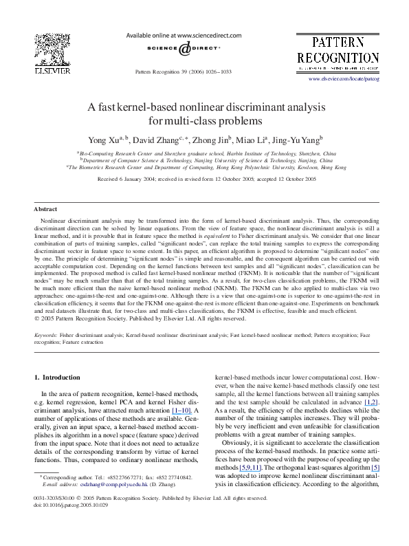 (PDF) A fast kernel-based nonlinear discriminant analysis for multi-class problems | Yong Xu ...