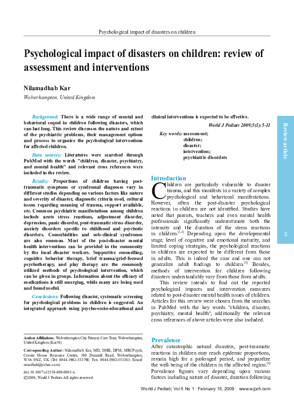 (PDF) Psychological impact of disasters on children: review of ...