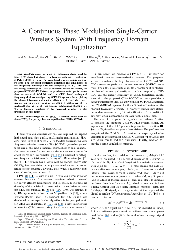 Pdf A Continuous Phase Modulation Single Carrier Wireless System With