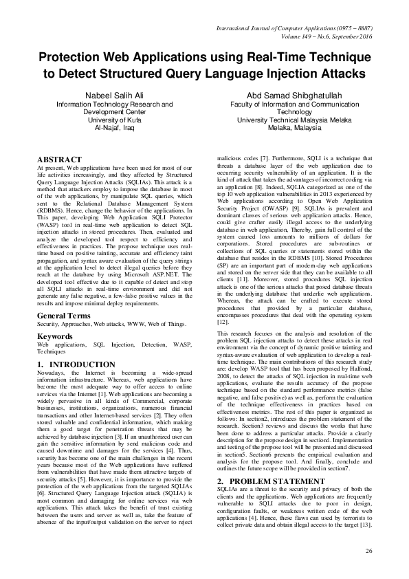 Pdf Protection Web Applications Using Real Time Technique To Detect Structured Query Language