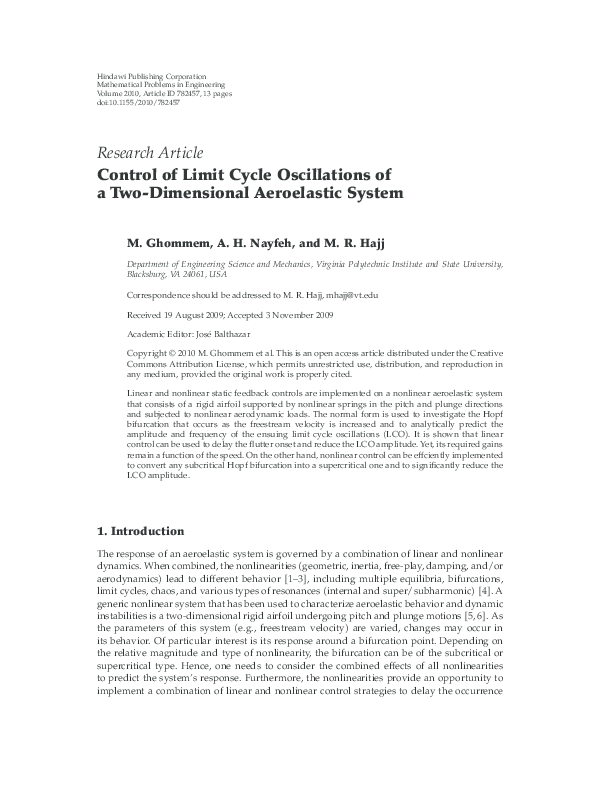 (PDF) Control of Limit Cycle Oscillations of a Two-Dimensional Aeroelastic System