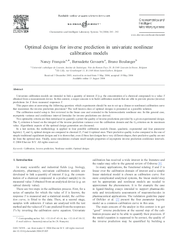 (PDF) Optimal designs for inverse prediction in univariate nonlinear calibration models