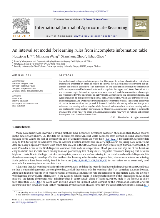 Pdf An Interval Set Model For Learning Rules From Incomplete Information Table Huaxiong Li