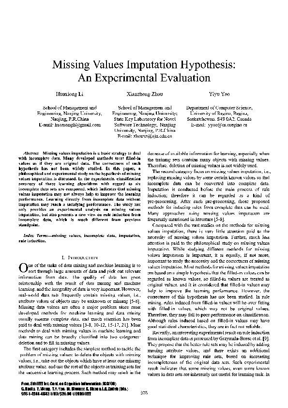 Pdf Missing Values Imputation Hypothesis An Experimental Evaluation Huaxiong Li