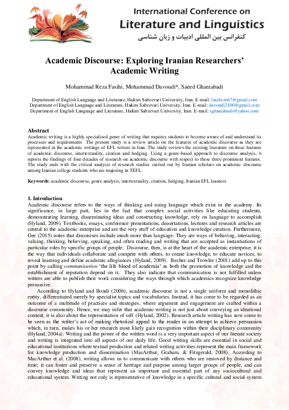 (PDF) Academic Discourse: Exploring Iranian Researchers' Academic Writing
