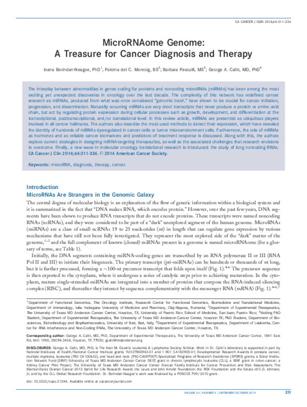 (PDF) MicroRNAome genome: A treasure for cancer diagnosis and therapy