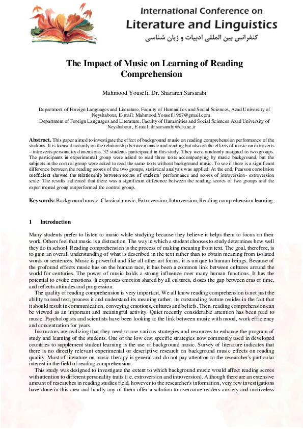 (PDF) The Impact of Music on Learning of Reading Comprehension