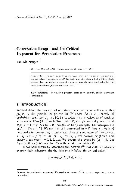 (PDF) Correlation length and its critical exponent for percolation processes