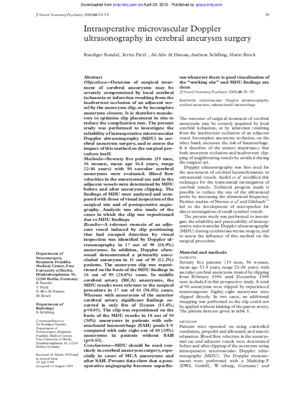 (PDF) Intraoperative microvascular Doppler ultrasonography in cerebral ...