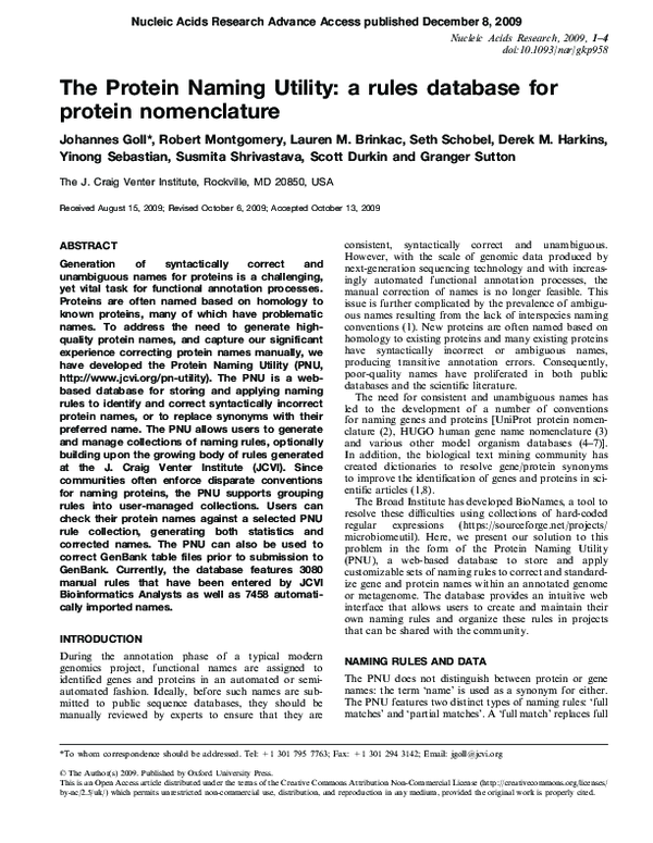 (PDF) The Protein Naming Utility: a rules database for protein nomenclature