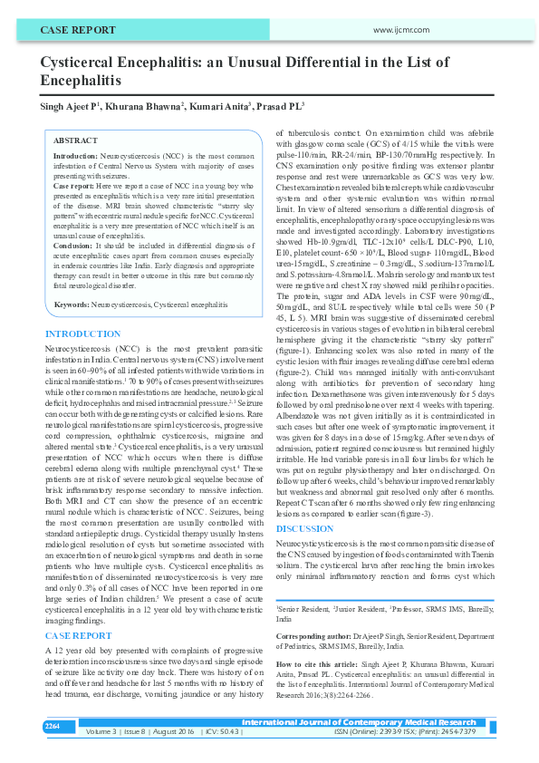 (PDF) Cysticercal Encephalitis: an Unusual Differential in the List of Encephalitis CASE REPORT