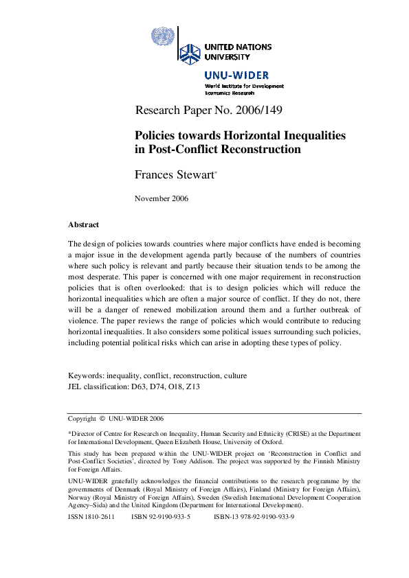 (PDF) Policies towards Horizontal Inequalities in Post-Conflict ...
