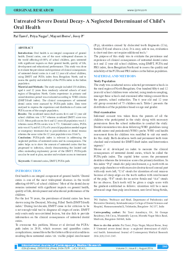 (PDF) Untreated Severe Dental Decay-A Neglected Determinant of Child's ...
