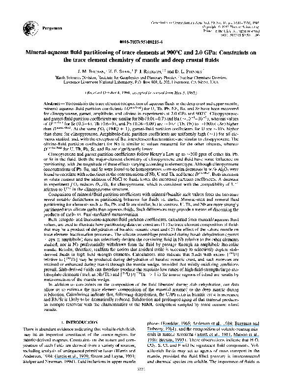 (PDF) Mineral-aqueous fluid partitioning of trace elements at 900–1200°C and 3.0–5.7 GPa: new ...