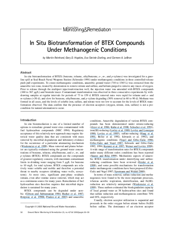 (PDF) In Situ Biotransformation of BTEX Compounds Under Methanogenic ...