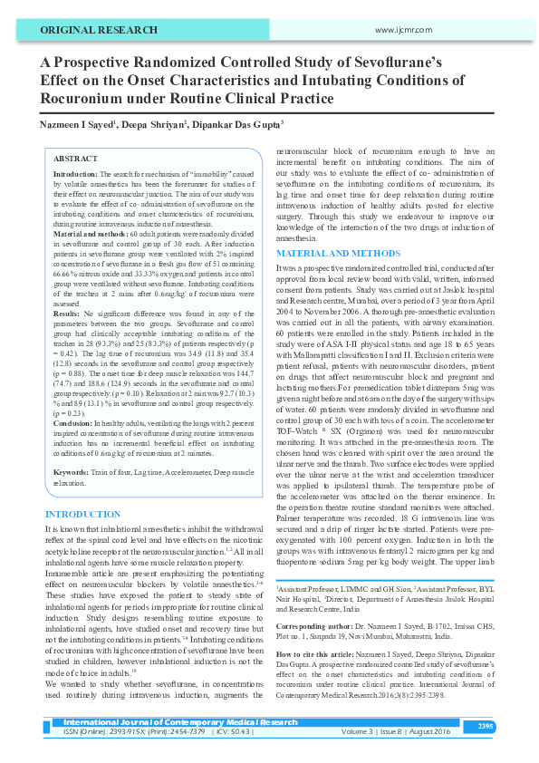 (PDF) A Prospective Randomized Controlled Study of Sevoflurane's Effect ...