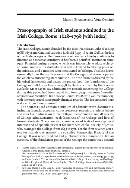 (PDF) List of Irish Students admitted to the Irish College of Rome