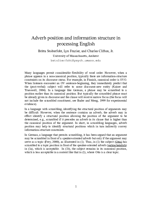 (PDF) Adverb position and information structure in processing English