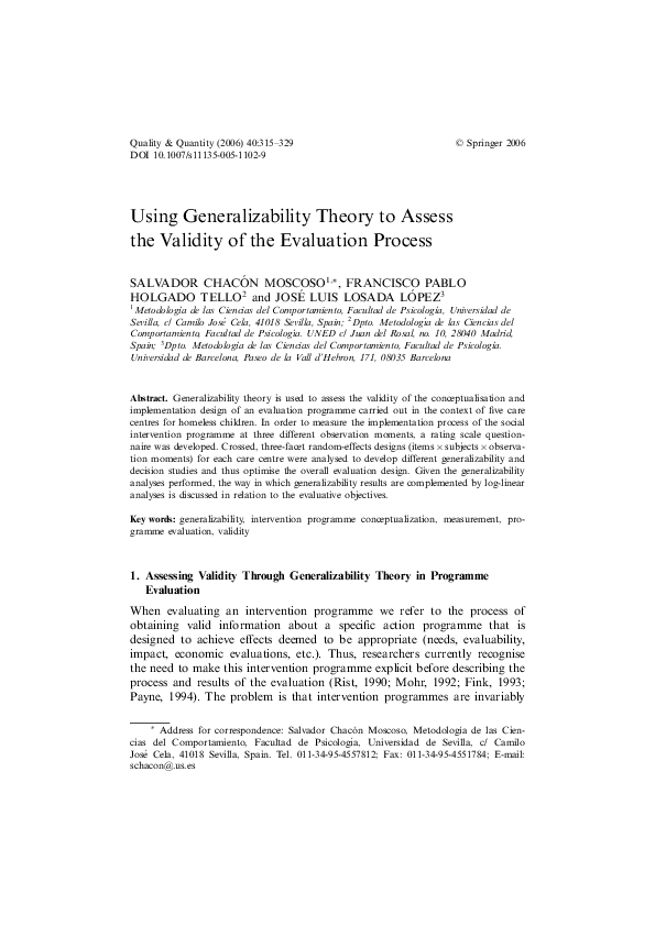 (PDF) Using Generalizability Theory to Assess the Validity of the ...