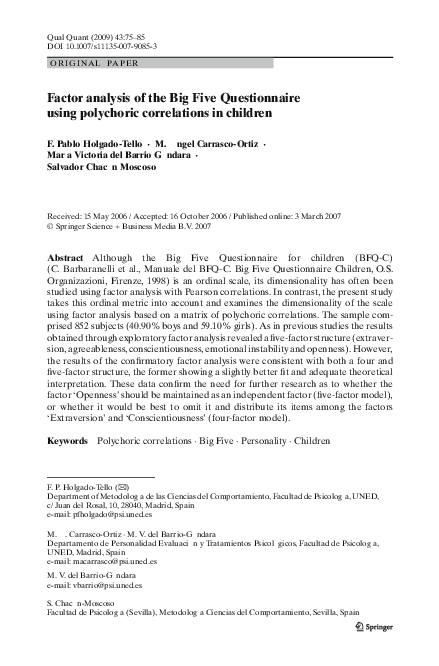 (PDF) Factor analysis of the Big Five Questionnaire using polychoric ...