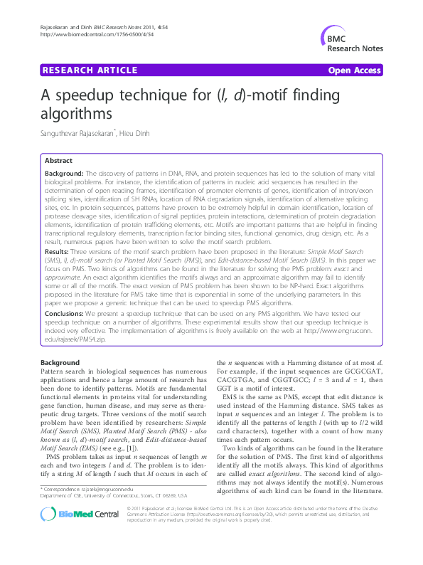 Pdf A Speedup Technique For L D Motif Finding Algorithms Hieu Dinh