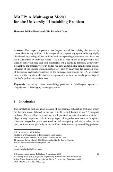 (PDF) MATP: A Multi-agent Model for the University Timetabling Problem