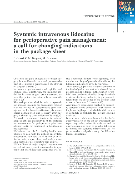 (PDF) Systemic intravenous lidocaine for perioperative pain management: a call for changing ...