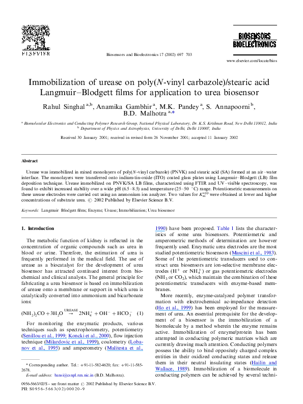 (PDF) Immobilization of urease on poly( N-vinyl carbazole)/stearic acid ...