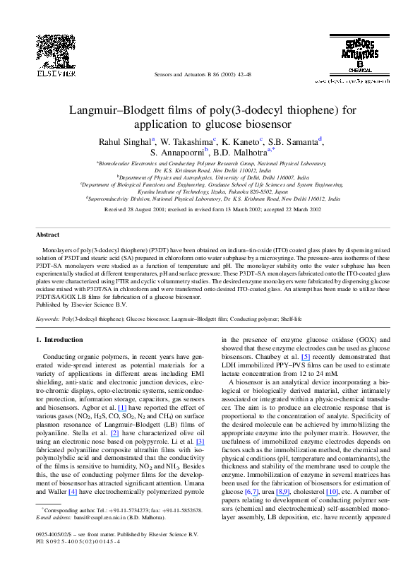 (PDF) Langmuir–Blodgett films of poly(3-dodecyl thiophene) for application to glucose biosensor