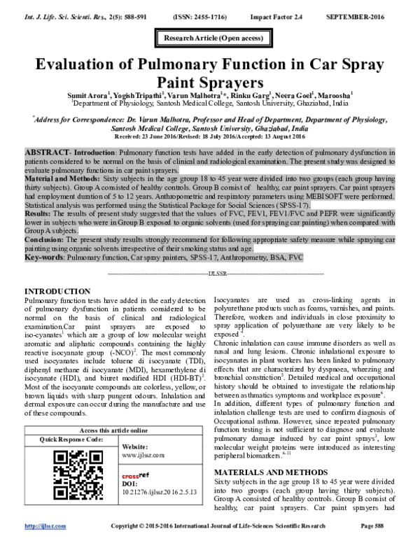 (PDF) Evaluation of Pulmonary Function in Car Spray Paint Sprayers