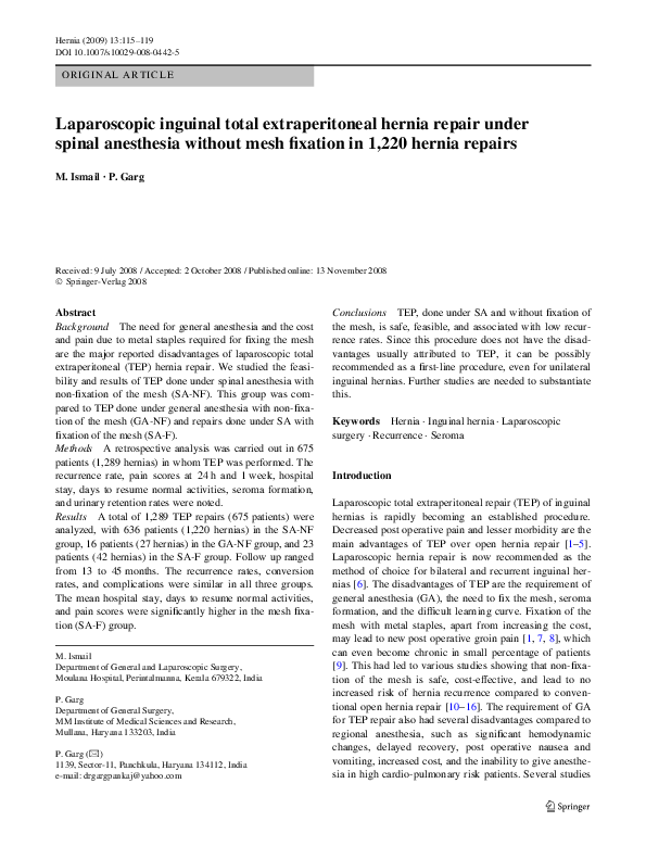 (PDF) Local Versus Spinal Anesthesia in Lichtenstein Mesh Technique for Inguinal Hernia Repair ...