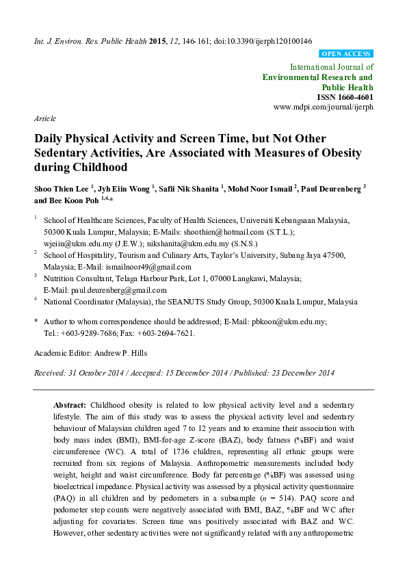 (PDF) Daily Physical Activity and Screen Time, but Not Other Sedentary Activities, Are ...