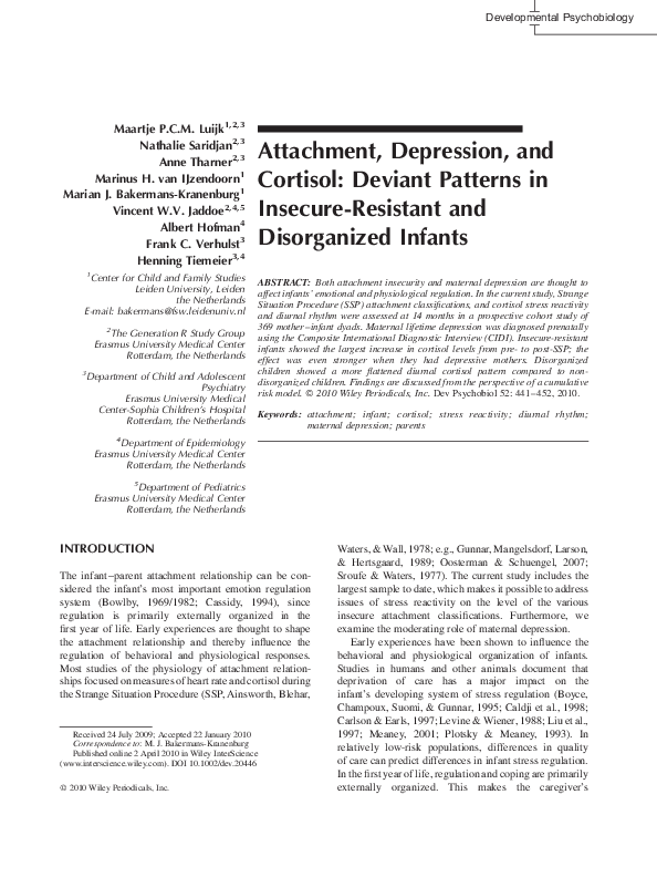 (PDF) Attachment, depression, and cortisol: Deviant patterns in ...